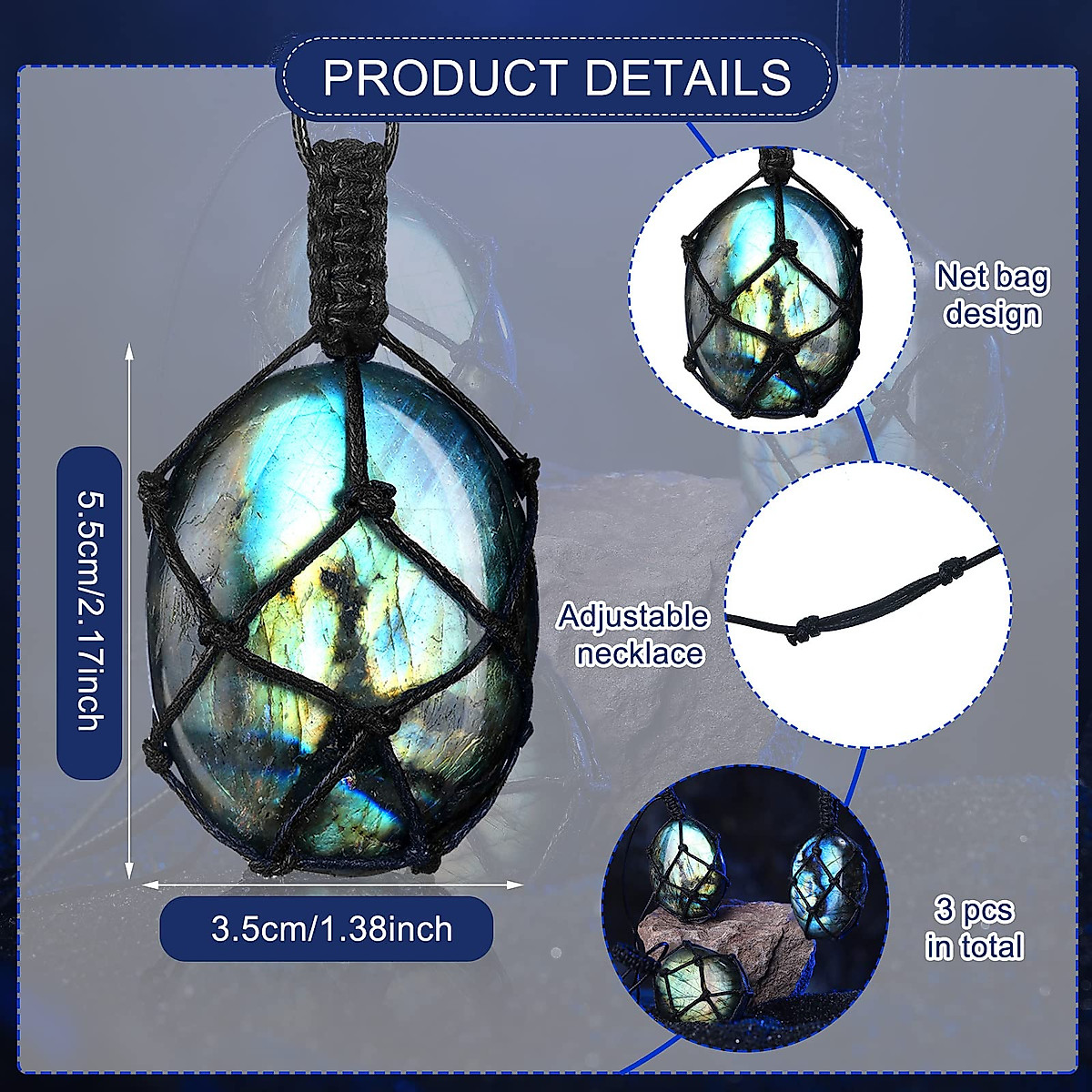 Kingdder Natural Gemstone Crystal Pendant Necklace Stone Holder Necklace Cord Hand Woven Necklace with Adjustable Length for Women Men(3 Pcs,Labradorite)