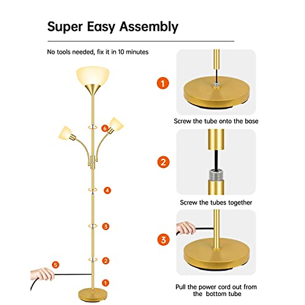 Gold Floor Lamps for Living Room, Bright Standing Lamp, 70.5" Tall Pole Lamp with 3 Lights, Modern Torchiere Tree Floor Lamp, Rotate Switch, 2700K LED Beads, 50,000hrs Lifespan,Corner Lamp for Bedroom