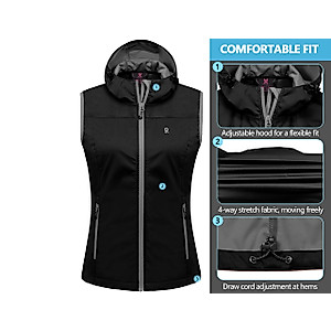 Little Donkey Andy Women's Lightweight Softshell Vest, Hooded Windproof Sleeveless Jacket for Golf Travel Hiking Running Black L