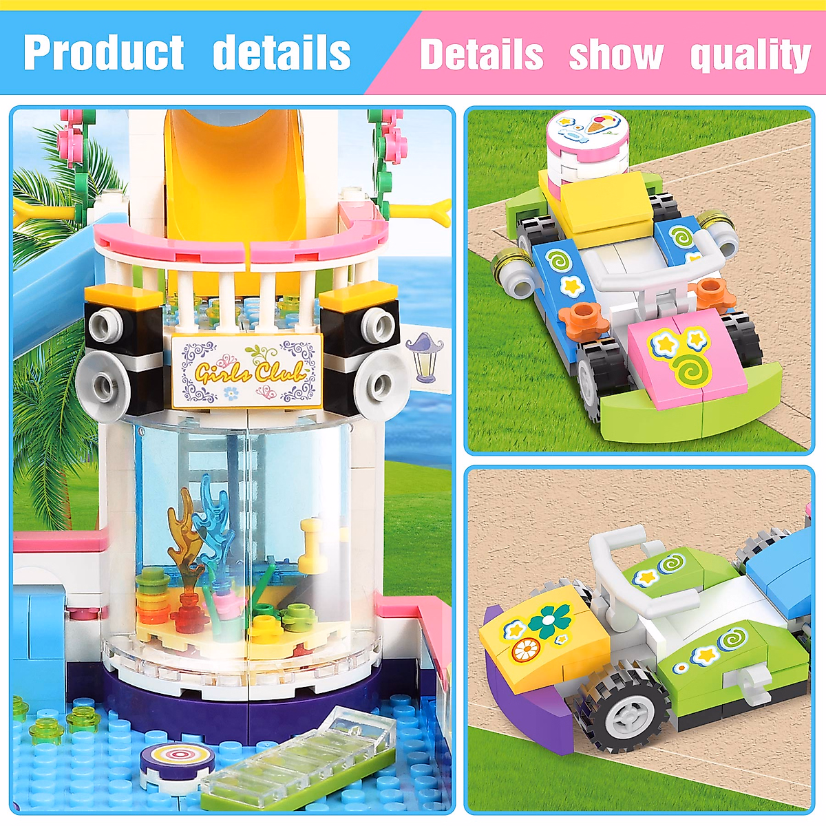 Friends Swimming Pool Building Set for Girls 6-12 Beach Pool Party Building Blocks Toys Water Park Building Includes Juice Bar and Car, Storage Box, Christmas Birthday Roleplay Gift for Kids Girls 7-9