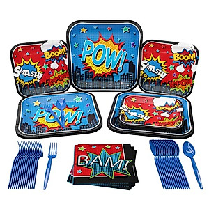 Superhero Party Supplies Packs (100 Pieces for 16 Guests) - Superhero Party Decorations, Super Hero Birthday Party for Boys, Plates and Napkins Superhero Party Supplies, Blue Orchards