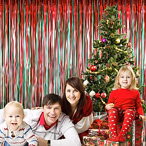 Sumind 4 Pack Foil Curtains Metallic Fringe Curtains Shimmer Curtain for Birthday Wedding Party Christmas Decorations (Red and Green)