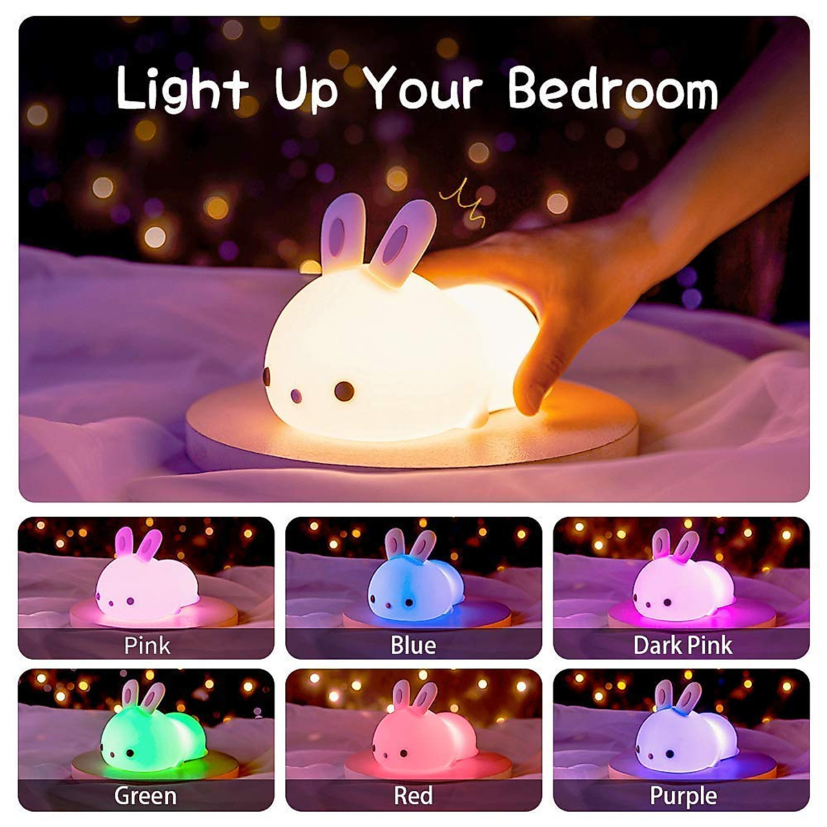 Cute Bunny Kids Night Light, Bunny Light Cute Lamp Battery Operated Nursery Toddler Night Lights for Girls Kids Babies - Portable Squishy Color Changing Birthday Christmas Gift Nightlight for Children