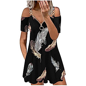 SMIDOW Cruise Dresses for Women 2023 Summer Cold Shoulder Tshirt Mini Dress Sexy Zipper v Neck Feather Print Swing Sundress
