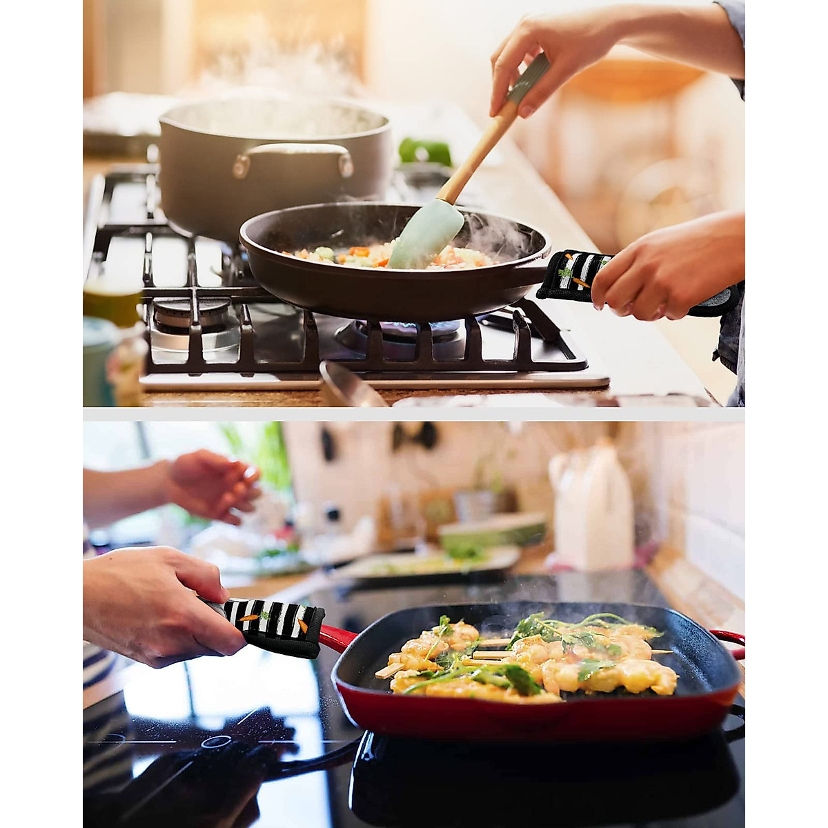 2 Pack Cast Iron Handle Cover, Spring Easter Pot Holders Covers Heat Insulation, Black and White Striped Bunny Carrot Skillet Handle Cover Hot Pan Handle Sleeve for Kitchen Cooking Cookware