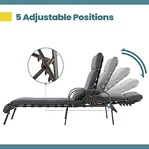 Pellebant Patio Chaise Lounge Chair with Cushion, Adjustable Chair with 5 Positions, Folding Outdoor Recliners All Weather for Outside Beach, Pool and Yard, Dark Grey