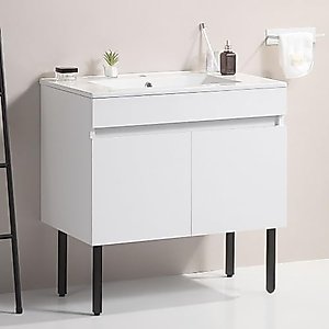 QuixotYDDZ 36 Inch Bathroom Vanity, Modern Freestanding Bathroom Vanity Cabinet with Ceramic Vessel Sink, Rubber Wood Bathroom Storage Cabinet with Top Basin and Metal Legs, White(No Faucets)
