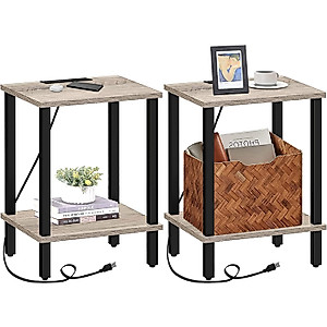 TUTOTAK End Table with Charging Station, Set of 2, Side Table with USB Ports and Outlets, Nightstand, 2-Tier Storage Shelf, Sofa Table for Small Space, Living Room, Bed Room V1TB01BG041