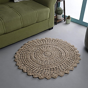THE BEER VALLEY Jute Crochet Hand Woven Rug, 3' Round - Natural, Anti Slip Handmade Scalloped Small Accent Rugs for Patio, Kitchen Boho Décor - 3 Feet Round
