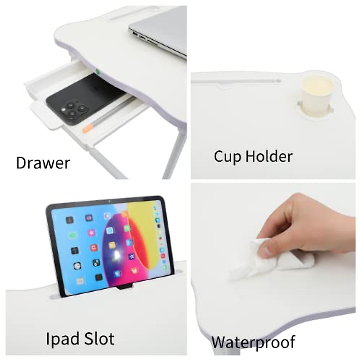 Foldable Laptop Bed Table Lap Desk Stand, Serving Tray Dining Table with Slot, with Foldable Legs & Cup Slot，Notebook Stand Holder, Working, Watching Movie on Bed/Couch/Sofa/Floor (White)