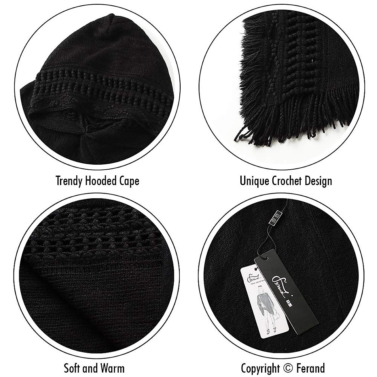 Ferand Ladies' Hooded Cape with Fringed Hem, Crochet Poncho Knitting Patterns for Women, Black