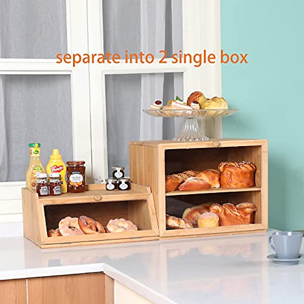 X-cosrack Large Double Separable Bamboo Bread Box Storage with Clear Window and Adjustable Compartment for Kitchen Countertop,Natural