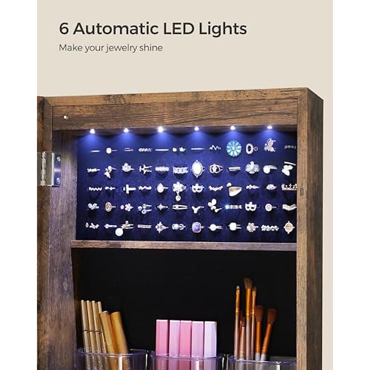 SONGMICS 6 LEDs Lockable Mirror Jewelry Cabinet,Organizer, Standing Jewelry Armoire with 4 Wheels, Mirror with Jewelry Storage, Coat Rack, Shelf, Rustic Brown and Black UJJC005X01