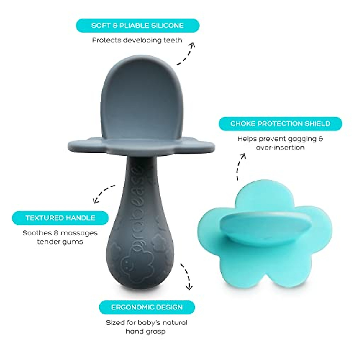 Grabease Baby Silicone Spoon Set for Baby-Led Weaning & First Stage Self-Feeding: Soft, Safe 100% Food-Grade Silicone, Safe for Dishwasher, No BPA/PVC/Latex/Phthalates, Set of 2 (Teal, Gray)