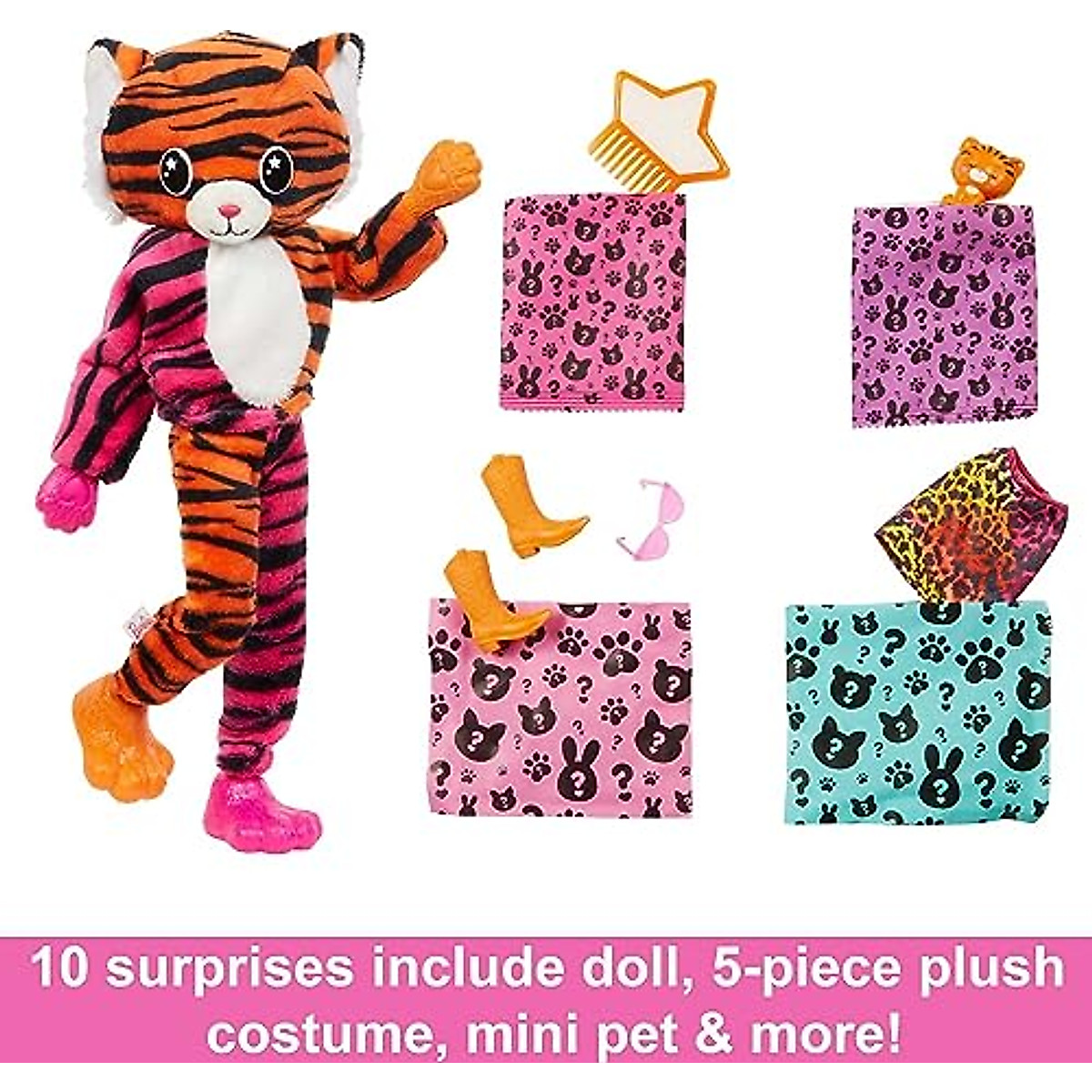 Barbie Cutie Reveal Fashion Doll, Jungle Series Tiger Plush Costume, 10 Surprises Including Mini Pet & Color Change