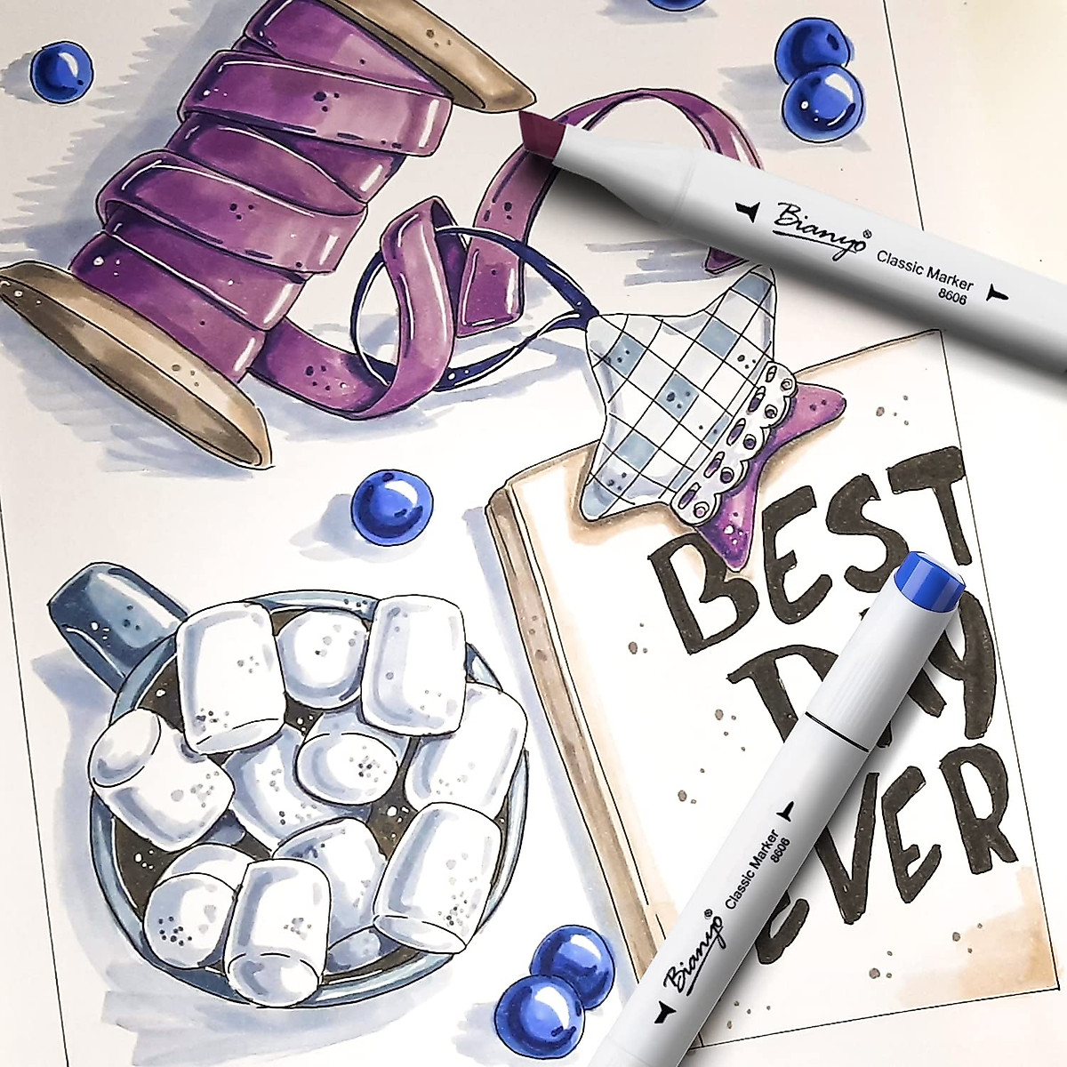 Bianyo Classic Series Alcohol Markers Set, Pack of 72, Dual Tip Bullet & Chisel Art Marker Set, Black Case with a Designable Card for Coloring, Drawing, Sketching, Outlining, Highlighting, Designing