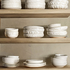 Artena Pasta Bowls, 50oz Large Salad Serving Bowls, 9.75'' Plates Bowls Set of 4, Big White Ceramic Soup Bowls for Kitchen, Embossment Shallow Dinner Bowl, Microwave Dishwasher Safe, Multiple Patterns