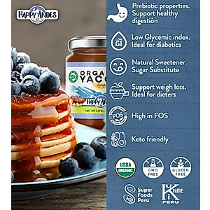 Happy Andes Organic Yacon Syrup oz. 100 Vegan Raw LowCalorie Peruvian Sweetener Sugar Substitute for Blood Glucose Control Healthy GlutenFree NonGMO Natural Prebiotic Superfood., honey, 7.17 Fl Oz