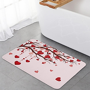 Valentine Bath Rugs Love Heart Tree Bathroom Rugs Pink Red Romantic Love Sponge Doormat Absorbent Non Slip Backing Soft Flannel Mat Memory Foam Mats Carpet for Bathroom Kitchen, 20 x 31.5 inches