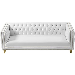 Meridian Furniture 651White-S Michelle Collection Modern | Contemporary Sofa with Deep Button Tufting, Nailhead Trim and Sturdy Gold Iron Legs, 90" W x 34" D x 30" H, White