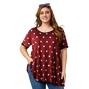 OVERWORETY Womens Short Sleeve Plus Size Tunics Loose Casual Swing Tops Summer Flowy T-Shirts(Red Polka Dots,3X)