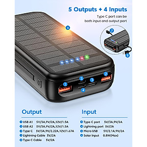 Portable Charger with Built in Cable Power Bank 30000mAh Fast Charging PD 20W Battery Pack 5 Output und 4 Input Backup Charger Travel for iPhone Android Samsung etc-Black