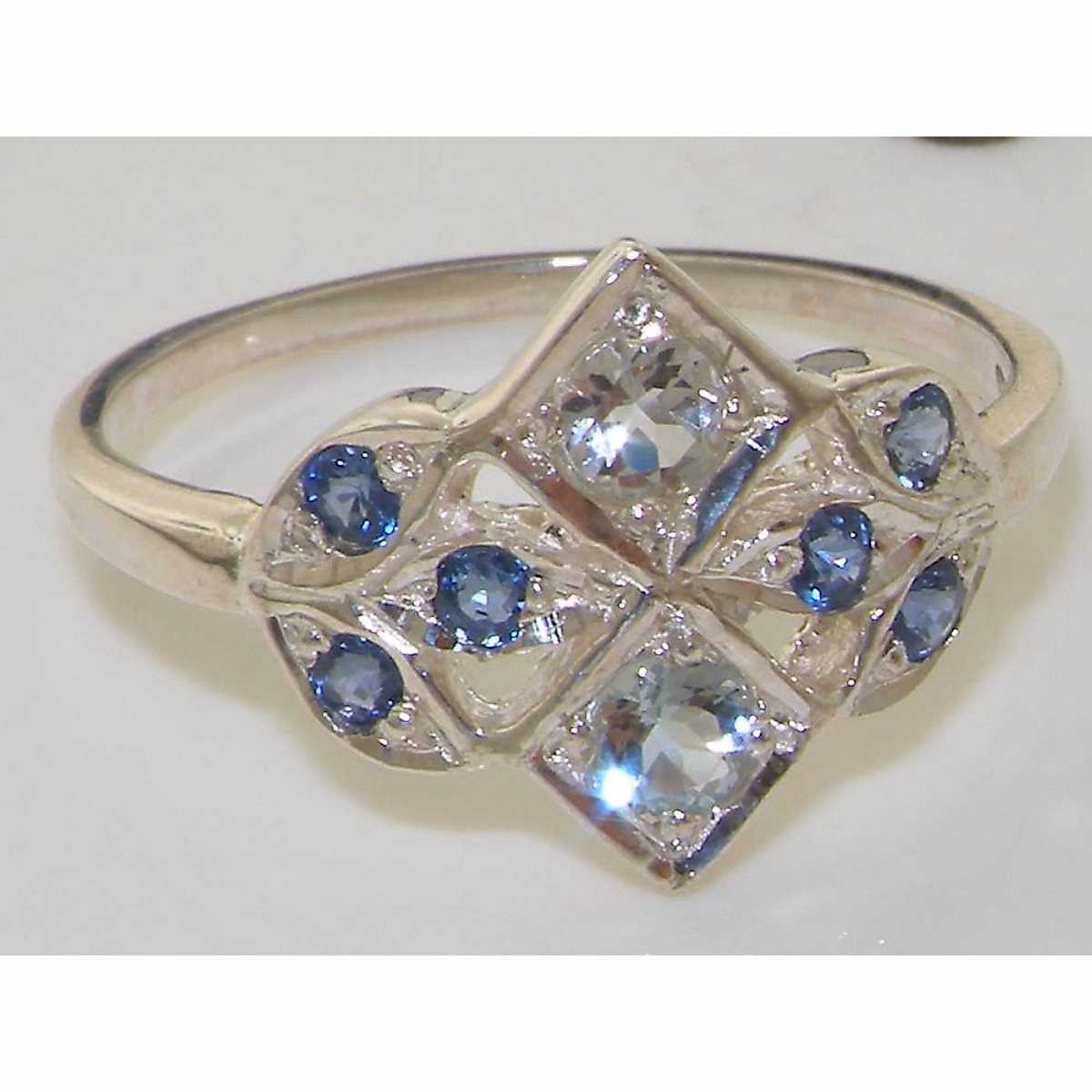 LetsBuyGold 925 Sterling Silver Natural Aquamarine and Sapphire Womens Cluster Ring - Sizes 4 to 12 Available
