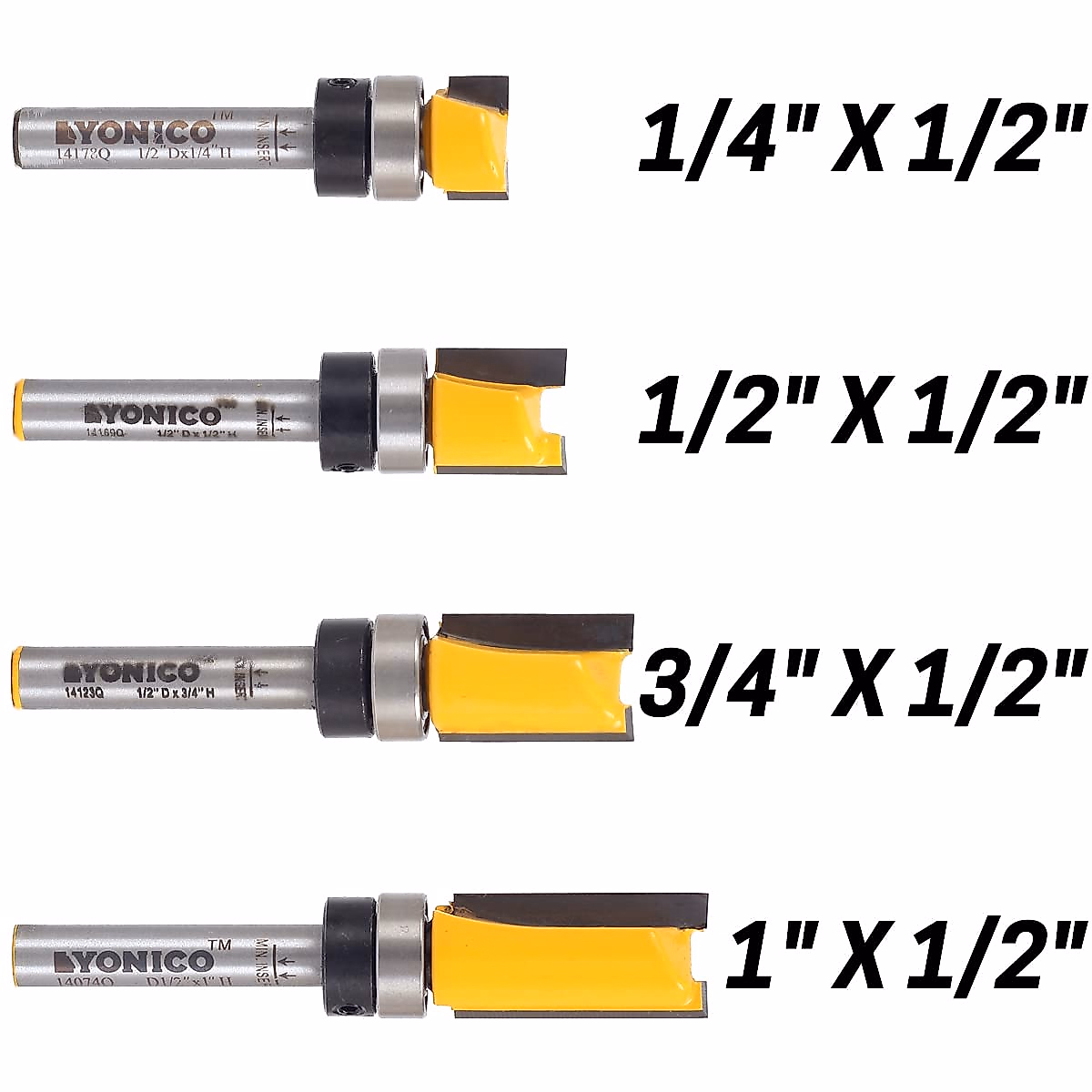 YONICO Router Bits Pattern Bit Flush Trim Set 4 Bit 1/2-Inch Diameter 1/4-Inch Shank 14422q