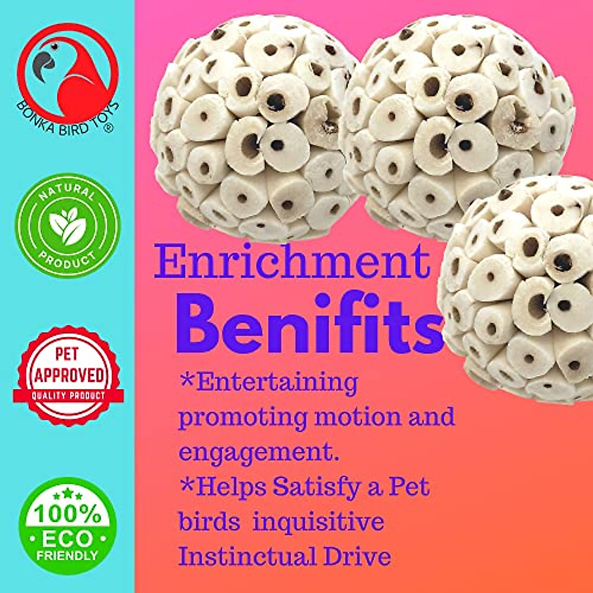 Bonka Bird Toys 1214 pk3 Sola Atta Balls Foot Beak Chew Forage Natural Organic Small Pet Ball