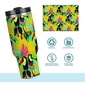 SDMKA 30oz Stainless Steel Tumbler with Straw and Handle, Vacuum Insulated Double-Walled Travel Mug, BPA-Free Leakproof Cup for Hot/Cold Beverages, Tropical Birds Palms