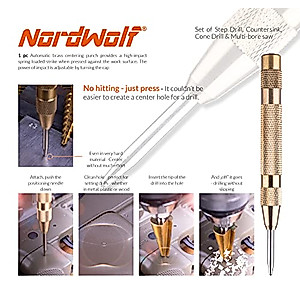 NordWolf 12-Piece HSS Titanium Metric Step, Countersink, Cone Drills with 1/4" Hex Shank, Multi Drill Saw & Automatic Center Punch Combination Set in Storage Case