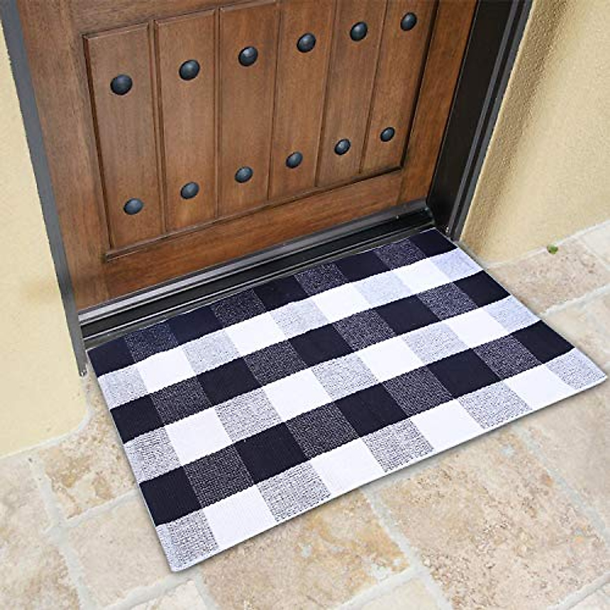 Cotton Rug Buffalo Checkered Plaid Rug Door Mat for Entry Way Washable Doormat Layering Mats(24" x 35", Black and White Plaid Rug)
