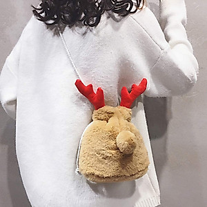 TENDYCOCO Crossbody Bag Faux Fur Purse Reindeer Antler Shoulder Bag Drawstring Bucket Purse for Women Girls