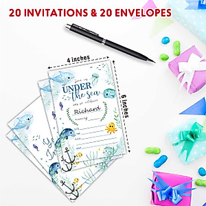 AWSICE Under The Sea Birthday Invitations, Ocean Animals Double-Sided Fill-In Invite Cards For Birthday Party, 20 Invitations With Envelopes, Decorations,Party Favor And Supply-A16