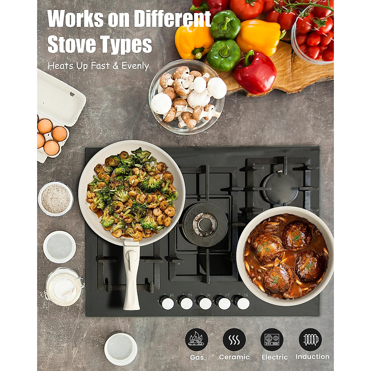 VIVIDCOOKWARE 22pcs Pots and Pans Set Non Stick, Ceramic Cookware Set with Detachable Handle, Pot Sets for Cooking Nonstick with Collapsible Dish Basin, Oven Safe