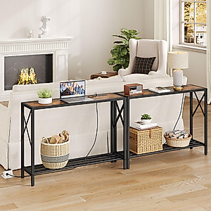 Tajsoon Console Table with Charging Station, 41.8" Entryway Table with Shelves, 2-Tier Narrow Sofa Table, Long Behind Couch Table, for Entryway, Foyer, Living Room, Hallway, Brown & Black