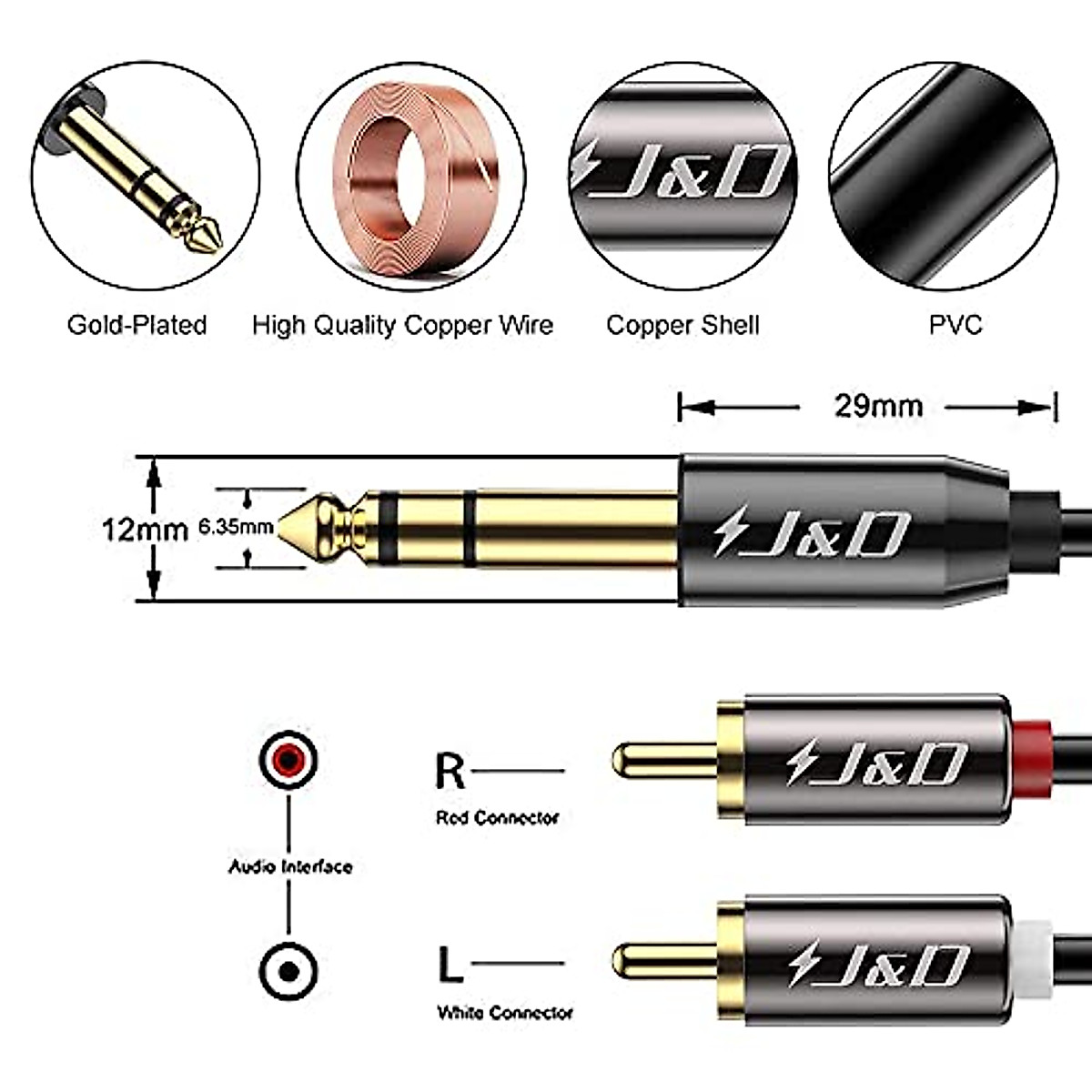 J&D 1/4 inch TRS to Dual RCA Audio Cable, Gold Plated Copper Shell Heavy Duty 6.35mm 1/4 inch Male TRS to 2 RCA Male Stereo Audio Y Splitter Cable, 3 Feet