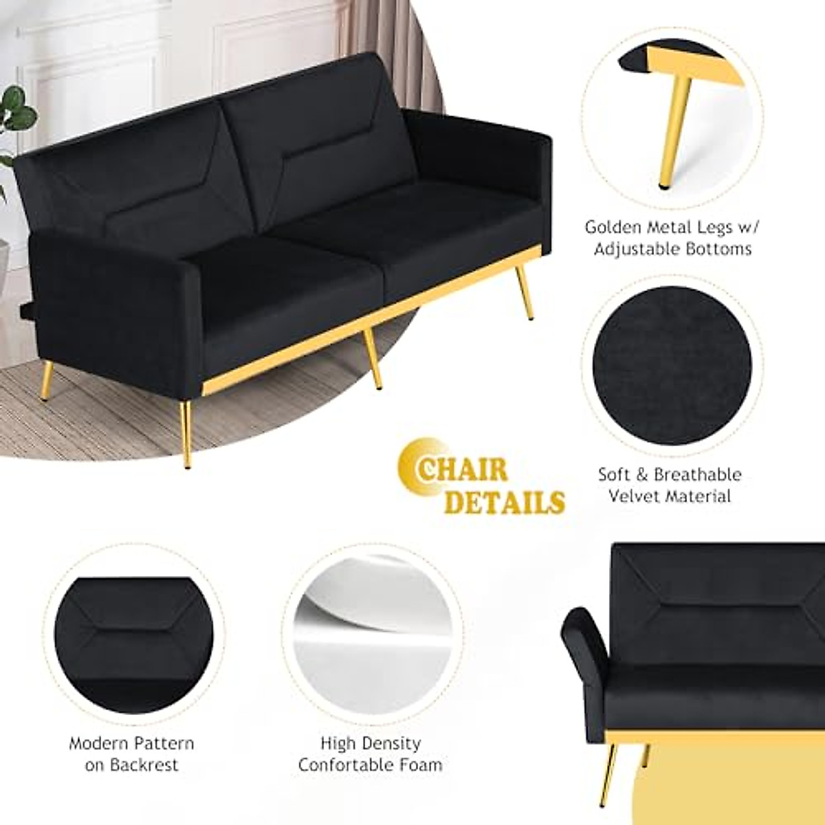 Lesofair Velvet Sofa Bed with Adjustable Backrest, Tufted Futon with Adjustable Armrests, Convertible Sleeper Couch w/Golden Legs for Living Room, Bedroom, Waiting Room, Black