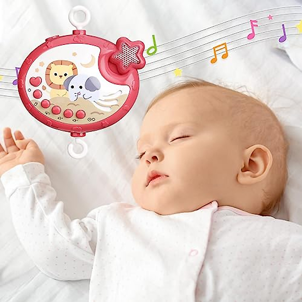 Baby Musical Crib Mobile with Light and Projector, Mobile for Crib with Remote Control ＆ Timming Function, Rotating Hanging Rattles Toy for Newborn(Red)