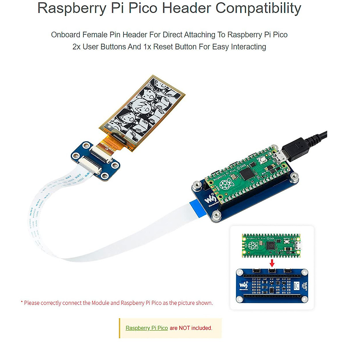 2.13inch Flexible E-Paper Module for Raspberry Pi Pico, 212×104 Pixels Black/White E-Ink Display SPI Interface Support Partial Refresh Low Power, Wide Viewing Angle
