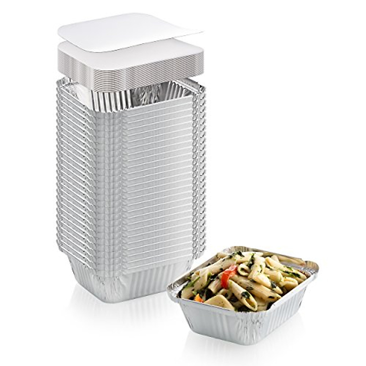 DCS Deals 50-Pack Heavy Duty Disposable Aluminum Oblong Foil Pans with Lid Covers | 100% Recyclable Tin Food Storage Tray | Extra-Sturdy Containers for Cooking 1 LB