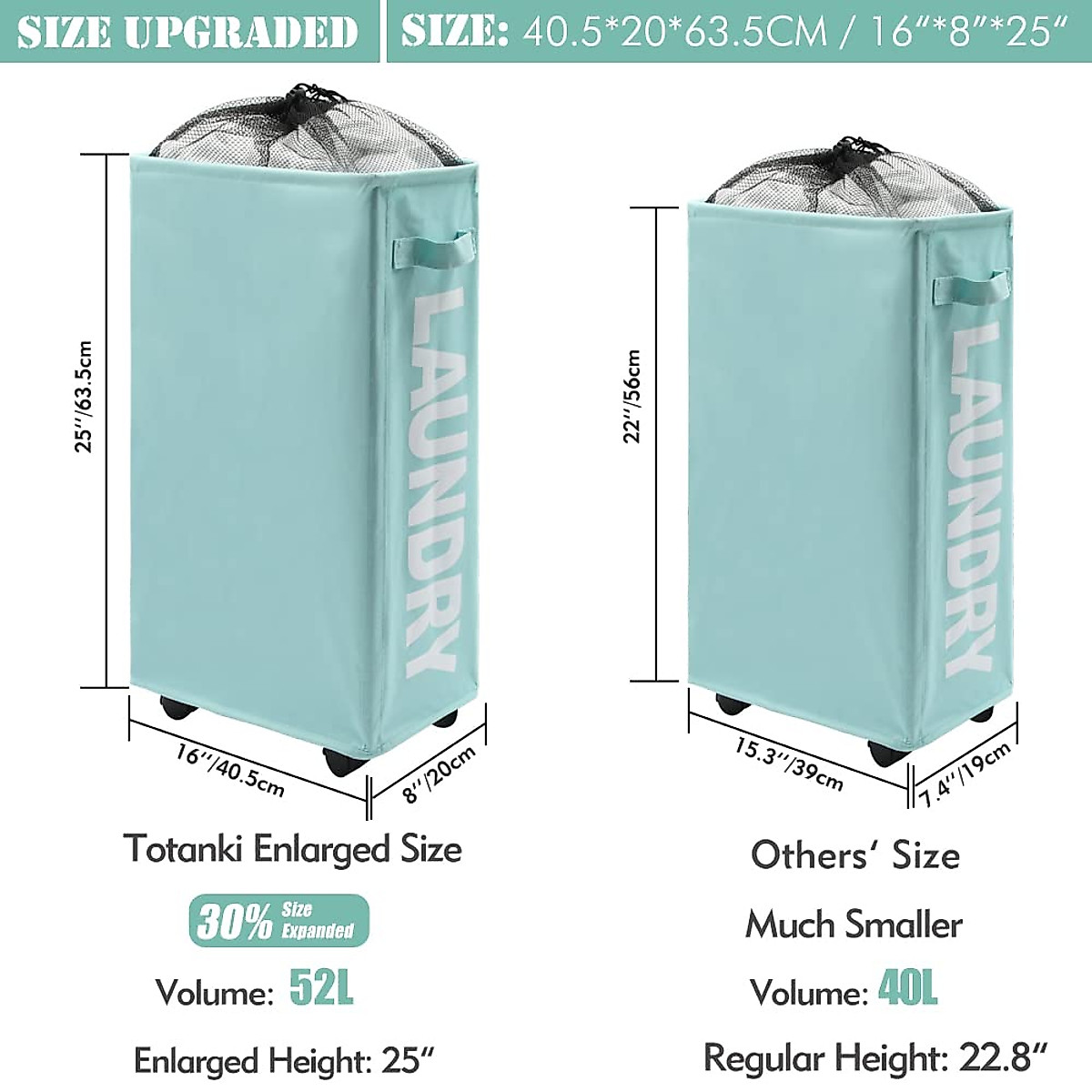 TOTANKI 25" Rolling Slim Laundry Basket on Wheels, Foldable Laundry Hamper with Handle, Collapsible Laundry Sorter and Organizer, Tall Storage Basket Bin (Light Blue)