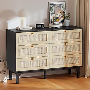 VINGLI Rattan Dresser, Boho Dresser, 47" Long Dresser, Black Rattan Dresser 6 Drawer Dresser, Rattan Dresser for for Bedroom, Black and Gold Dresser, Black Wicker Dresser, Boho Dressers for Bedroom