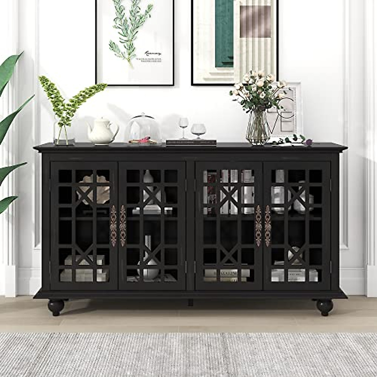 P PURLOVE 60" Long Wood Storage Cabinet with Adjustable Height Shelves,Sideboard Table Cabinet with Metal Handles and 4 Doors for Living Room, Bedroom, and Hallway,Black