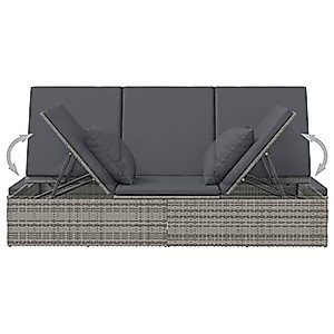 Makastle 2-Person Patio Lounge Chair, Outdoor PE Rattan Adjustable Double Daybed Chaise with Pillow & Cushions, Loveseat Sofa for Garden Lawn Backyard, 78.7"x47.6"x12.2" Poly Rattan Dark Gray