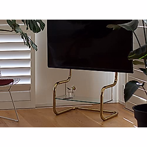 zeitgeist TV Stand Modern Minimalist w/Shelf Floor Stand Metal up to 65 inch for Corner, Living, Studio. Height Adjustable Mount, Portable. w/HDMI, Antenna, Power Cable pre-Installed. Brass Gold