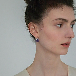 OwMell Elegant Gemstone Drop Dangle 925 Sterling Silver Earrings for Women 12mm - Silver with Amethyst