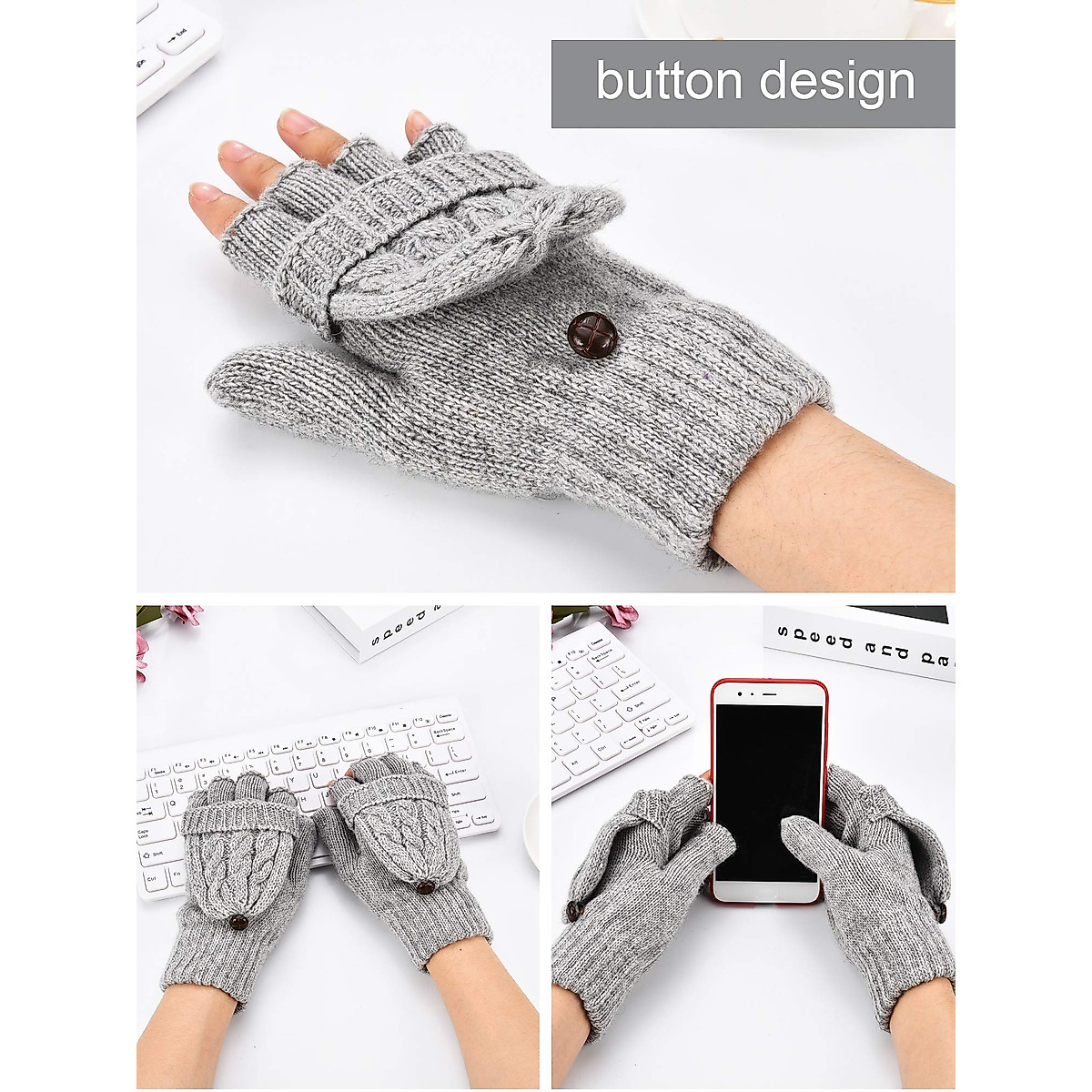 Bememo 2 Pairs Convertible Mittens for Women, Women's Fingerless Gloves with Mitten Cover Winter Knitted Convertible Gloves with Buttoned Thumb Cover