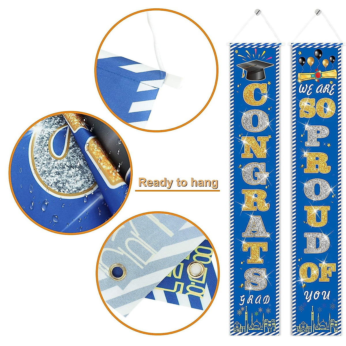 JoneTing 2022 Graduation Decorations Gold White and Blue Graduate Hanging Banner Congrats Grad Class of 2022 Banner We Are So Proud of You for College Banner Graduation Party Decor Party Supplies for Graduation
