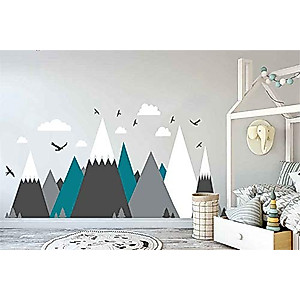 Gray Cream Mountains Wall Sticker Home Decor for Kids Room Nursery - Eagles Pine Trees Clouds Beautiful Art Murals Decal JW373 (Color 2-Teal)